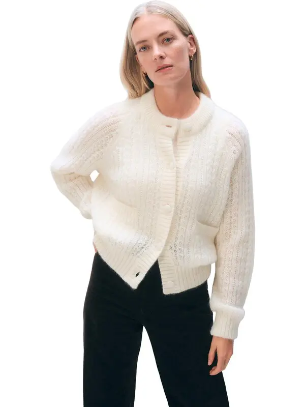 WHITE & WARREN Mohair Blend Cardigan Sweater In Size - Ivory