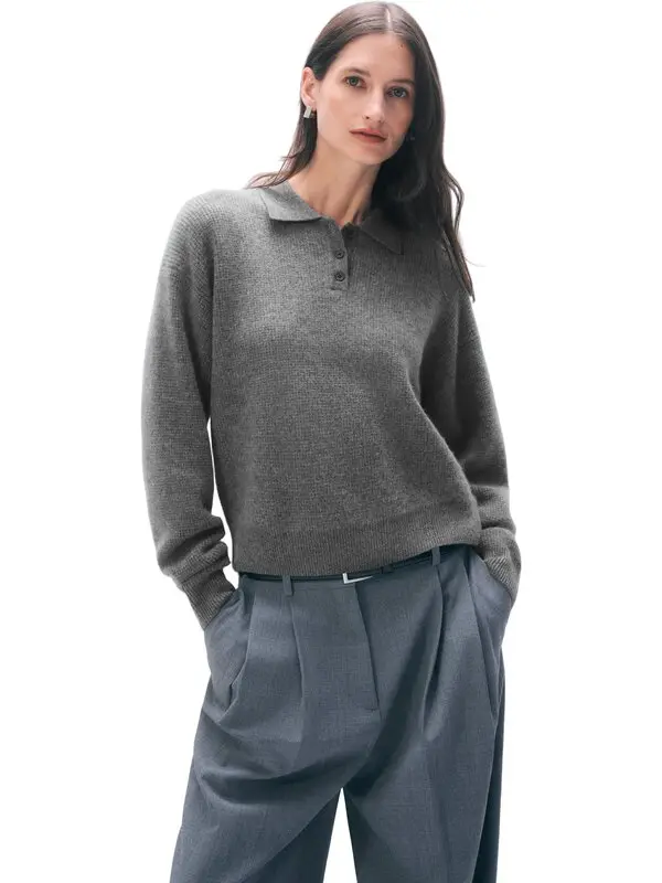 WHITE & WARREN Cashmere Waffle Polo Sweater In Size - Graphite Heather