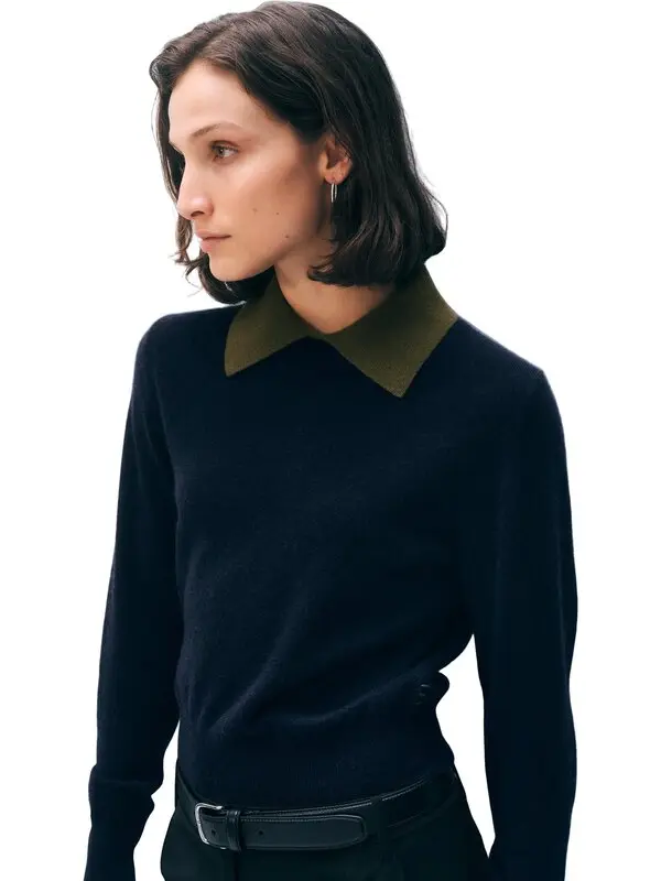 WHITE & WARREN Cashmere Layered Collar Sweater In Size - Deep Navy/deep Olive