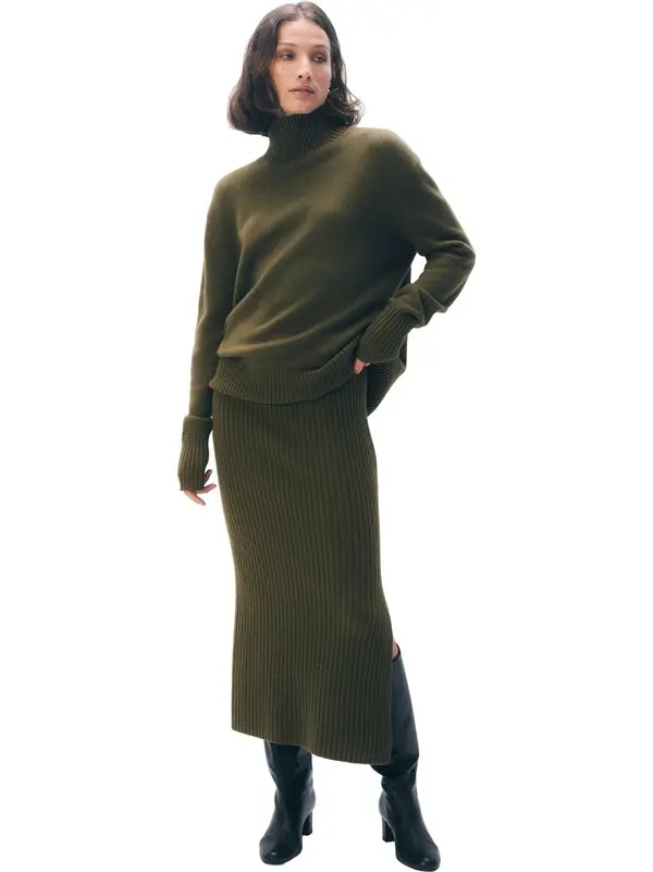 WHITE & WARREN Cashmere Midi Skirt In Size - Deep Olive