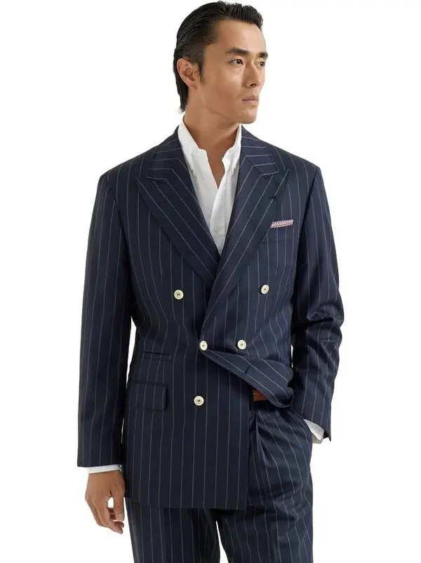 Brunello Cucinelli Super 150s Virgin Wool Wide Chalk Stripe Batavia One-and-a-half Breasted Tailor Blazer - Blue