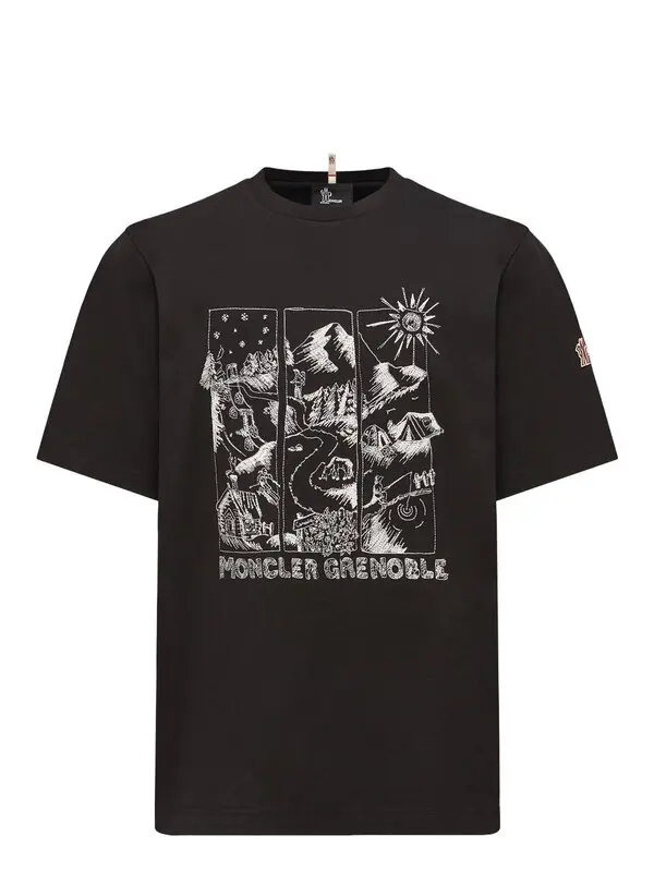 Moncler Mountain Landscape Print Cotton T-shirt - Black