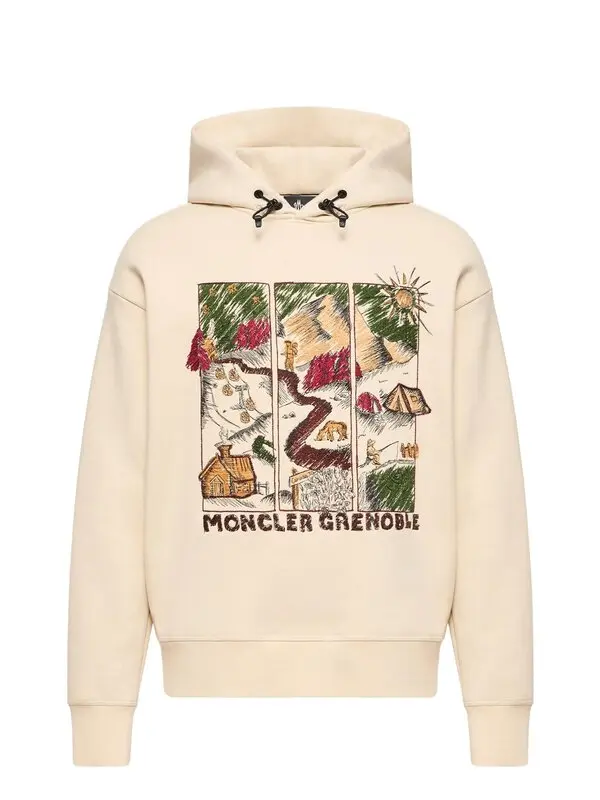 Moncler Mountain Landscape Print Cotton Blend Hoodie - White
