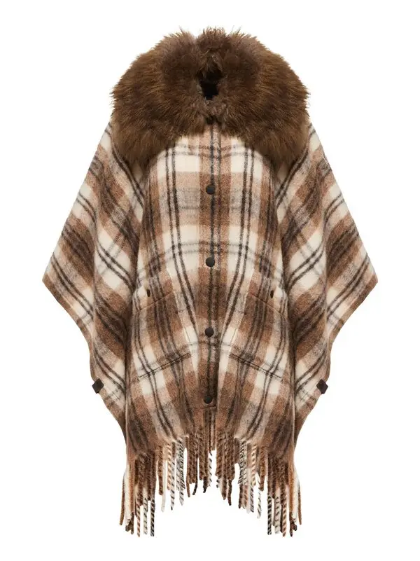 Moncler Shearling Collar Mohair, Alpaca & Wool Blend Cape - Brown