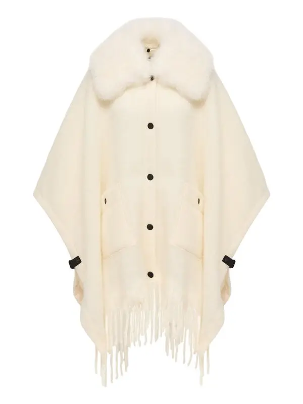 Moncler Shearling Collar Mohair, Alpaca & Wool Blend Cape - White