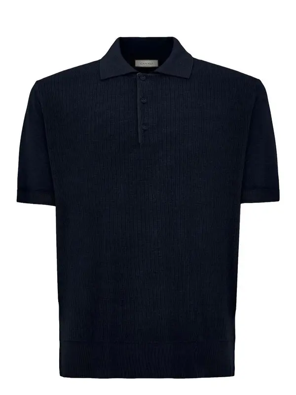 Canali Navy Wool And Silk Flat-rib Polo Shirt - Blue