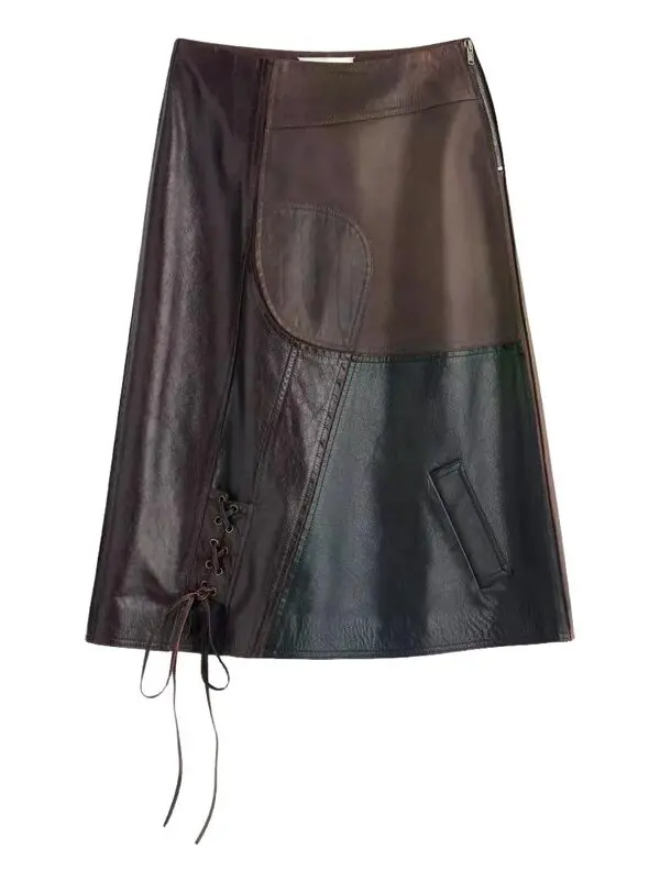 MAISON MARGIELA Patchwork Lace-up Midi Skirt - Brown