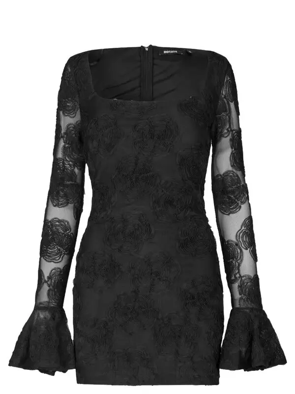 ROTATE BY BIRGER CHRISTENSEN Flower Mesh Long-sleeve Mini Dress - Black