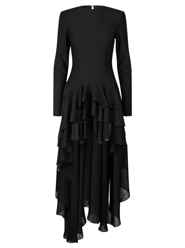 ROTATE BY BIRGER CHRISTENSEN Long-sleeve Ruffle Train Asymmetric Dress - Black