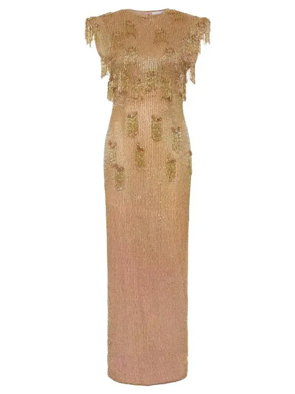 Rachel Gilbert Lani Beaded Fringe Maxi Dress - Gold