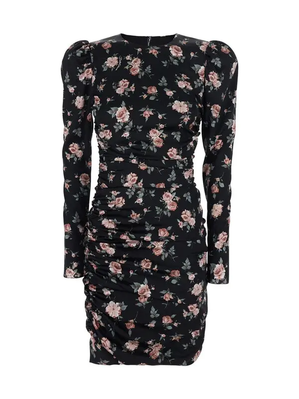 Dolce & Gabbana Black Dress With Floral Print And Side Draping In Silk For - Multicolor