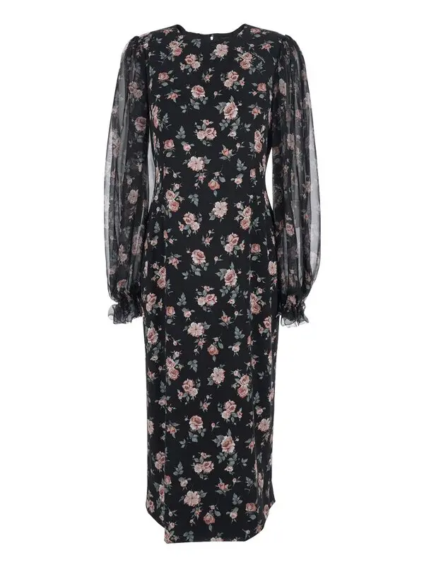 Dolce & Gabbana Black Dress With Round Neckline And All-over Floral Motif In Silk For - Multicolor