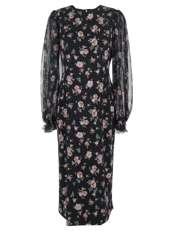 Dolce & Gabbana Black Dress With Round Neckline And All-over Floral Motif In Silk For - Multicolor