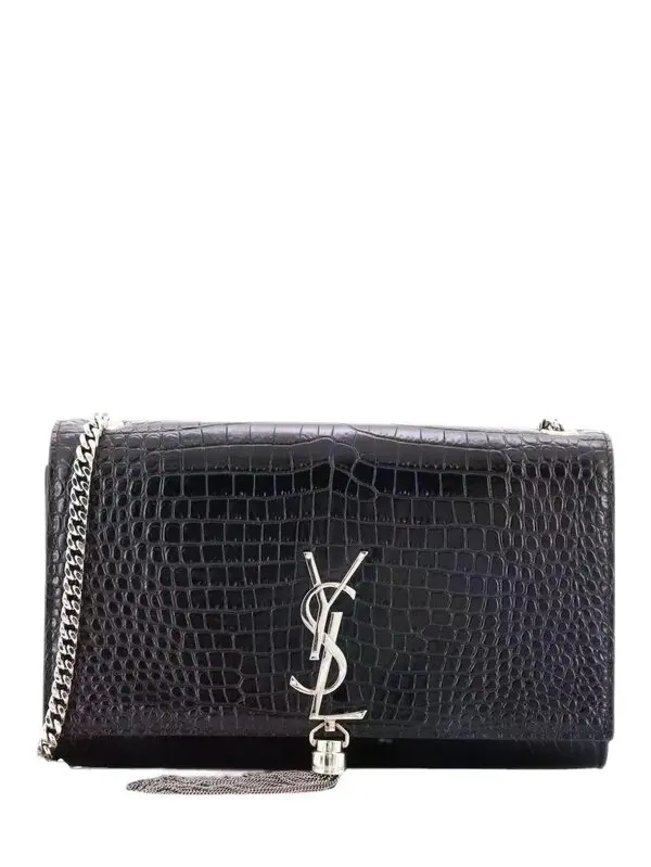 Saint Laurent Classic Monogram Tassel Crocodile Embossed Leather Medium Crossbody Bag - Black