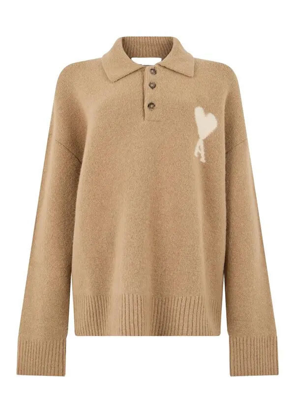 AMI Paris Polo-collar Logo Sweater - Sand