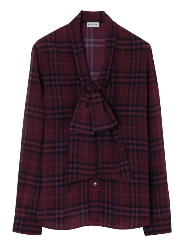 Burberry Rhiannon Silk Shirt With Check Print And Soft Bow Scarf - Violet