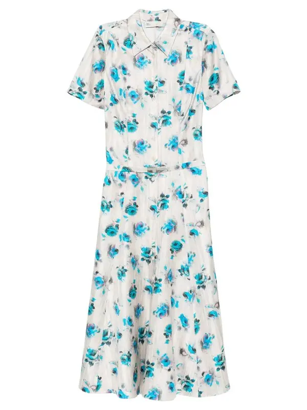 Tory Burch Floral Print Shirt Dress With Classic Collar, Belted Waist & Button Front - Multicolor