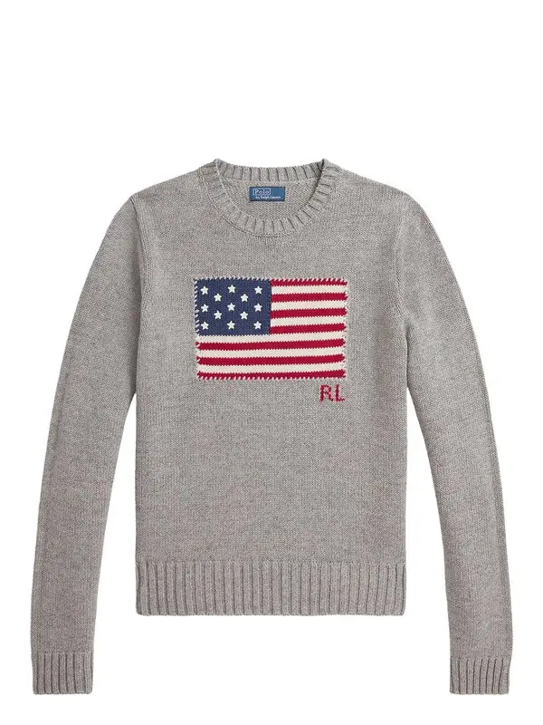 Ralph Lauren Ribbed Crewneck Flag Motif Sweater In Cotton & Wool For - Grey