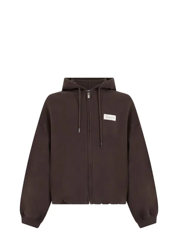 Jacquemus Zip-front Hoodie With Lined Hood And Chest Logo - Brown