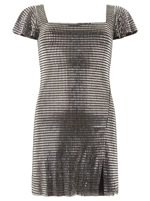 SELF-PORTRAIT Square-neck Rhinestone Tulle Mini Dress With Puff Sleeves - Silver