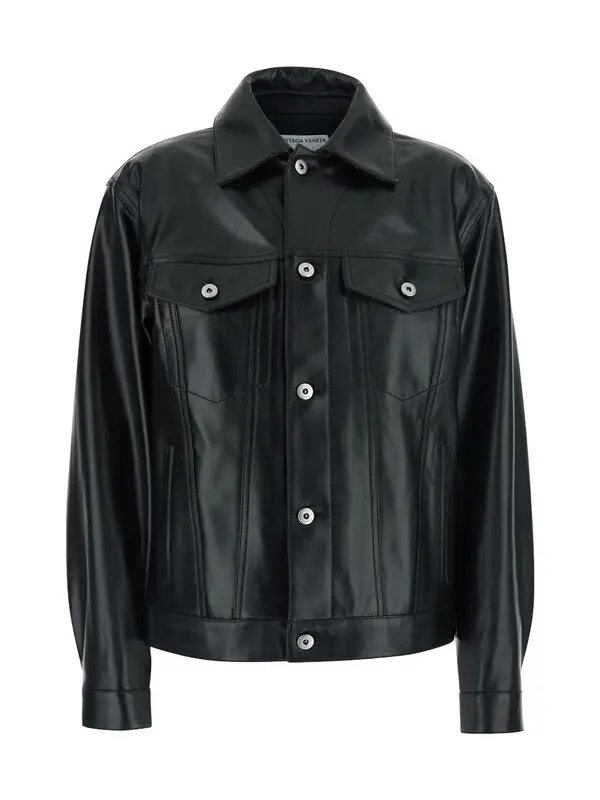 Bottega Veneta Black Jacket With Classic Collar And Intreccio Motif On The Back In Leather For - Multicolor