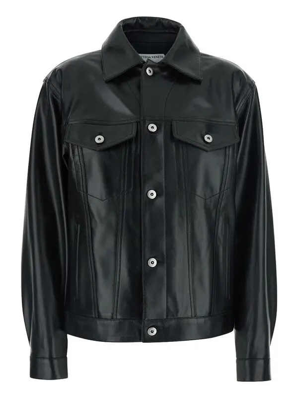 Bottega Veneta Black Jacket With Classic Collar And Intreccio Motif On The Back In Leather For - Multicolor