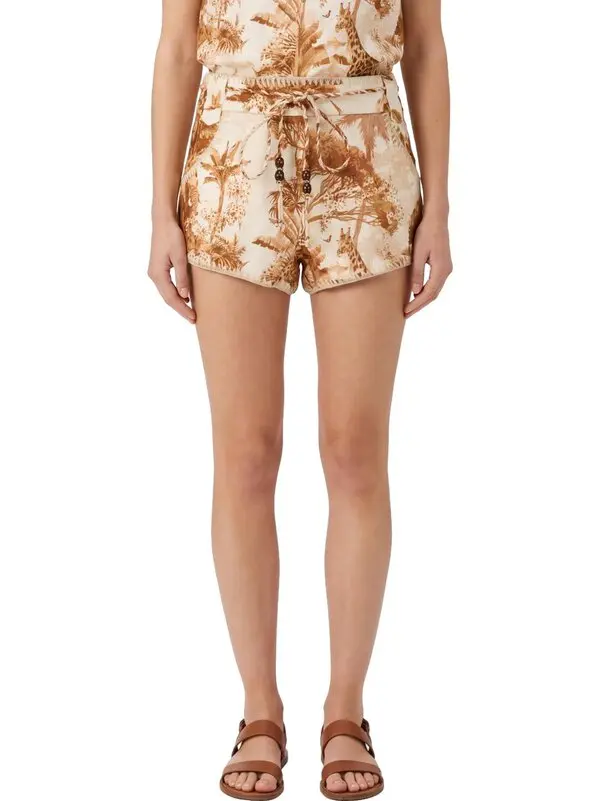 Zimmermann Indra Slim Fit Linen Shorts With Graphic Print And Belt - Brown