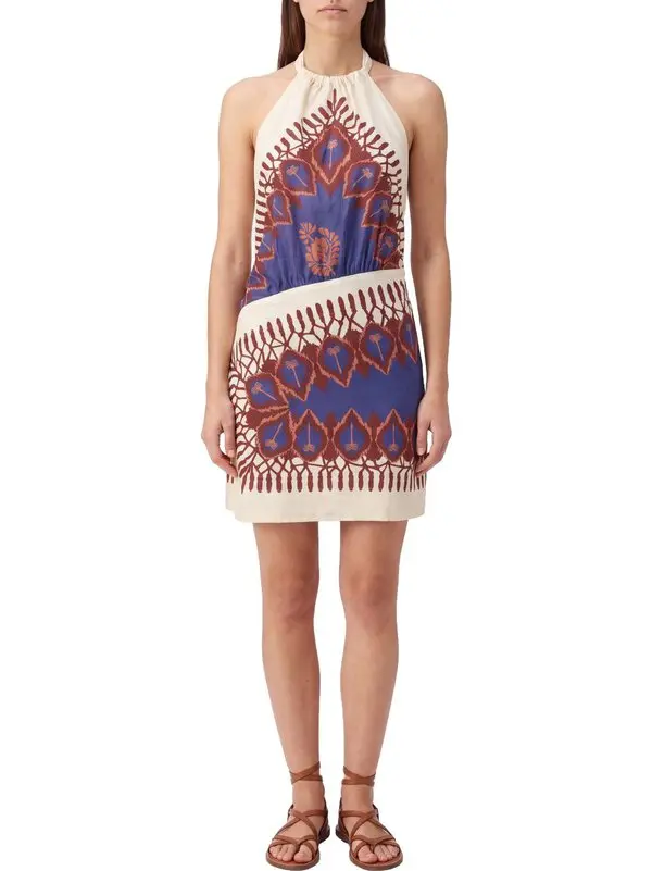 Johanna Ortiz Floral Print Halter-neck Cotton Sheath Mini Dress - Ecru