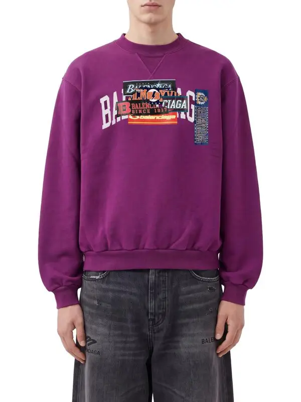 Balenciaga Graphic Print Cotton Crewneck Sweatshirt With Dropped Shoulders - Violet