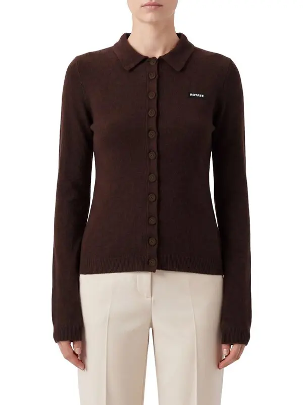 ROTATE BY BIRGER CHRISTENSEN Slim Fit Wool And Cashmere Blend Cardigan With Classic Collar - Brown