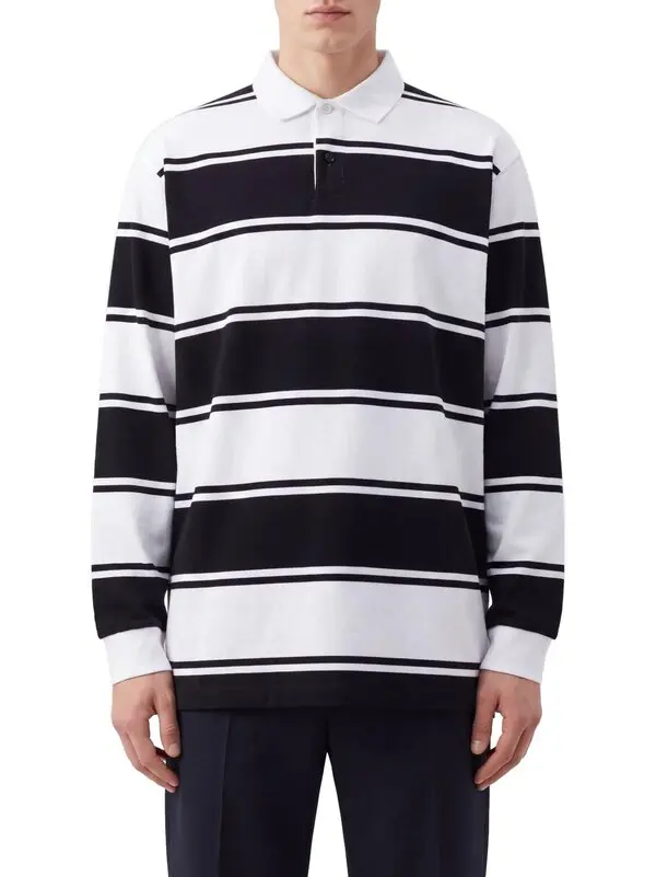 Balenciaga Striped Long-sleeved Cotton Polo Shirt With A Ribbed Collar - Black