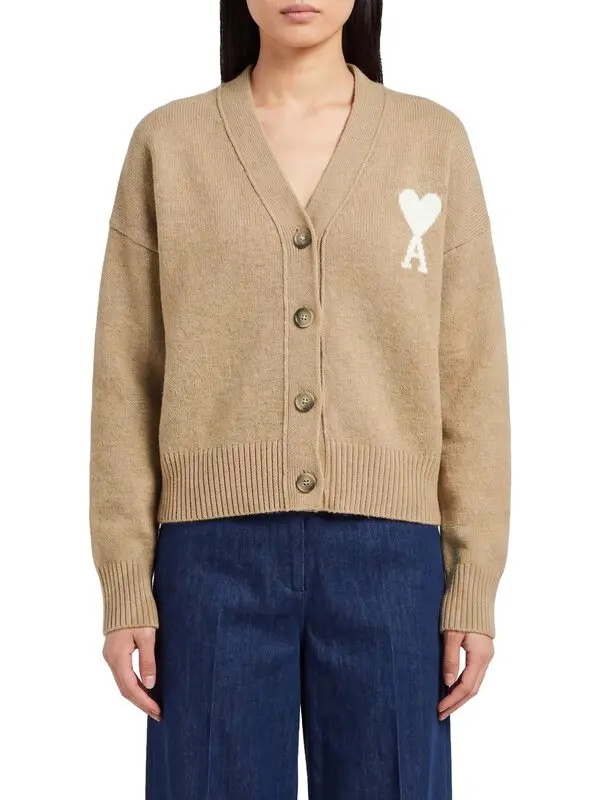 AMI Paris Alpaca Wool V-neck Cardigan With Jacquard Logo - Sand