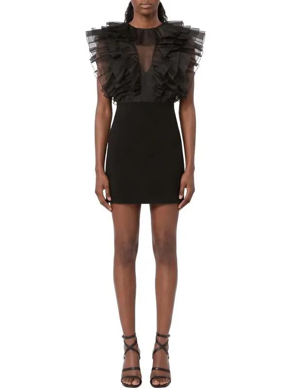 Max Mara Sleeveless Silk Sheath Mini Dress With Ruffles - Black