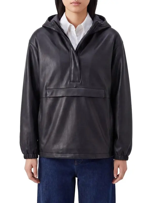 RÓHE Cropped Smooth Lambskin Leather Jacket With Hood And Dropped Shoulders - Black