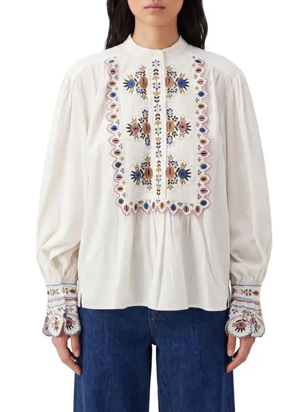 Isabel Marant Étoile Embroidered Linen-blend Blouse With Ruffled Shoulders - Beige