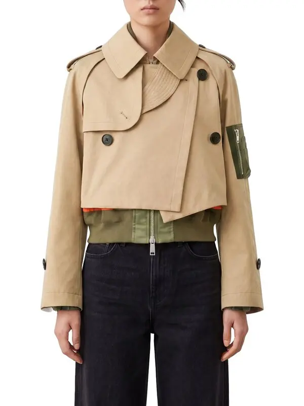 Sacai Cropped Double-breasted Trench Coat In Cotton Blend With Asymmetric Closure - Beige
