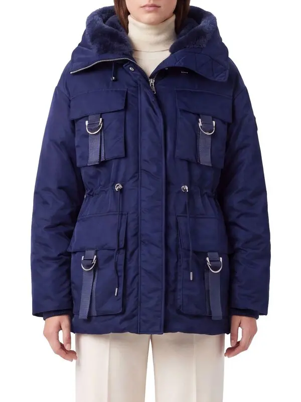Pinko Short Satin Nylon Parka With Shearling Hood And Drawstring - Blue
