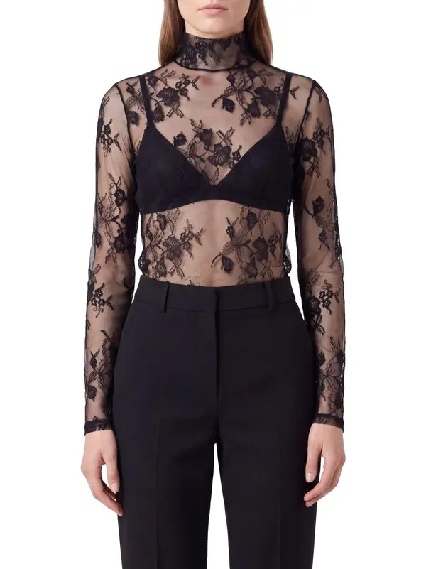 Patrizia Pepe Sheer Floral Lace Long-sleeved Turtleneck Top - Black