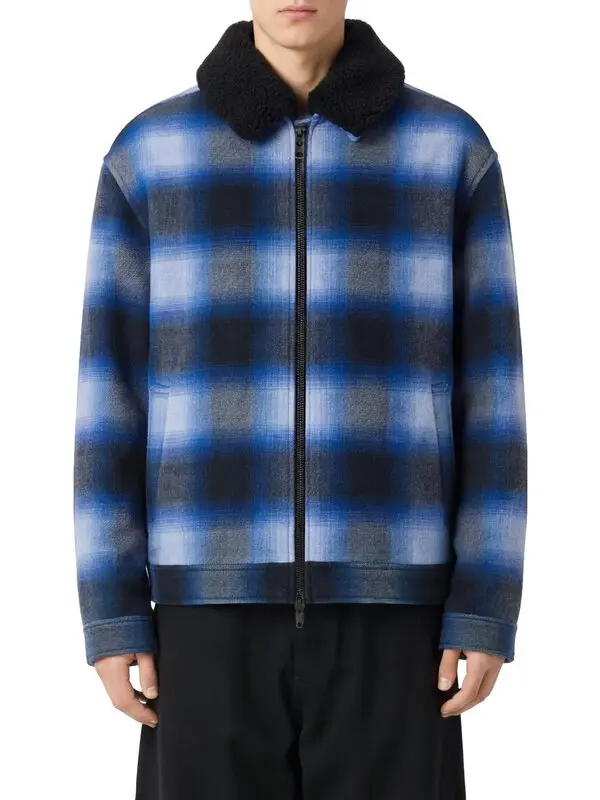 Balenciaga Check Wool Flannel Short Coat With Fur Collar - Blue