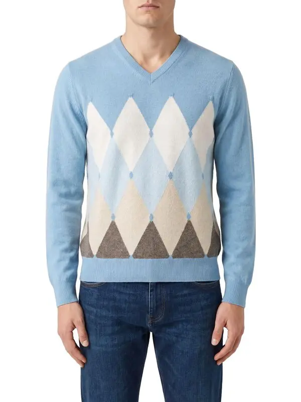BALLANTYNE Argyle Pattern 100% Cashmere Crewneck Jumper - Blue