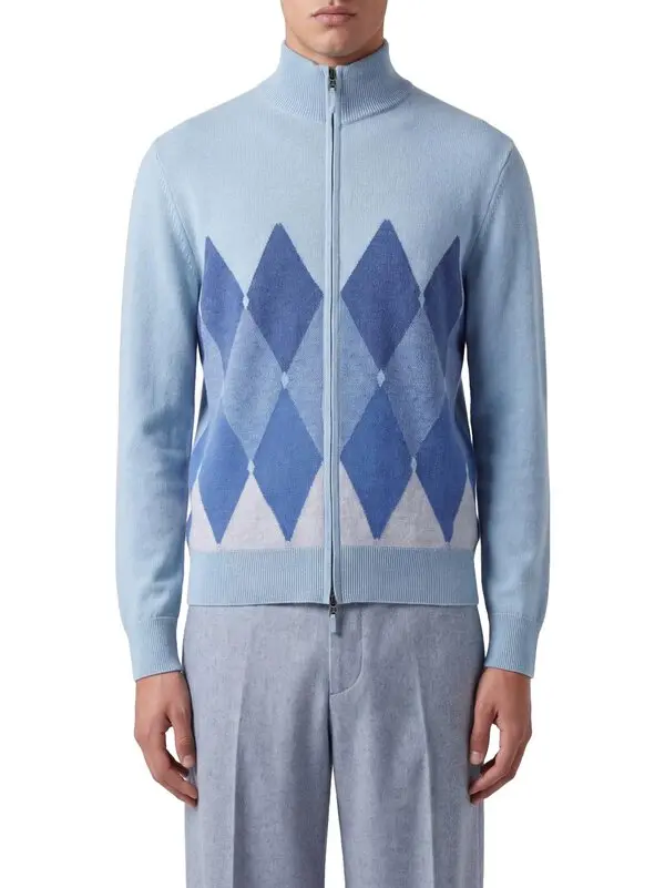 BALLANTYNE Argyle Pattern 100% Cashmere Zip Cardigan - Blue 1