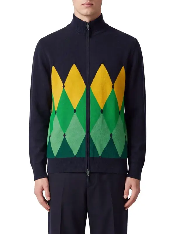 BALLANTYNE Argyle Pattern 100% Cashmere Zip Cardigan - Blue