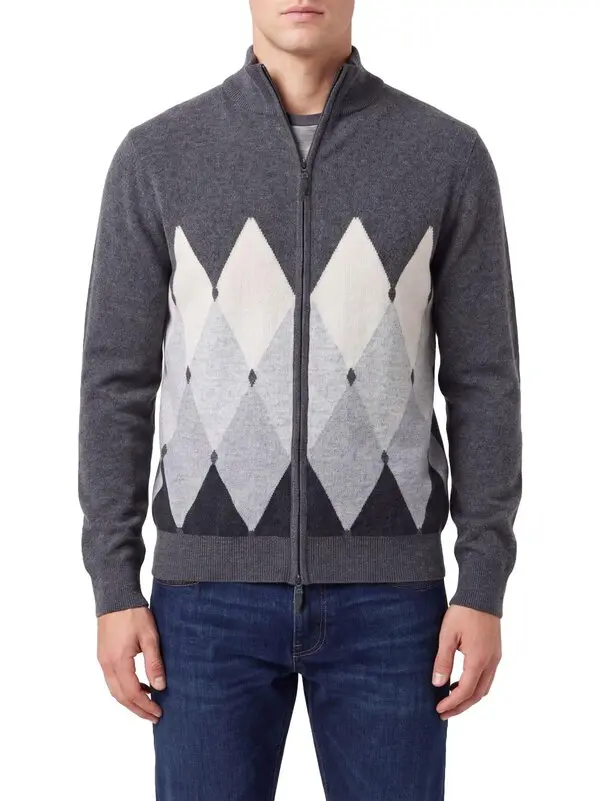 BALLANTYNE Argyle Pattern 100% Cashmere Zip Cardigan - Grey
