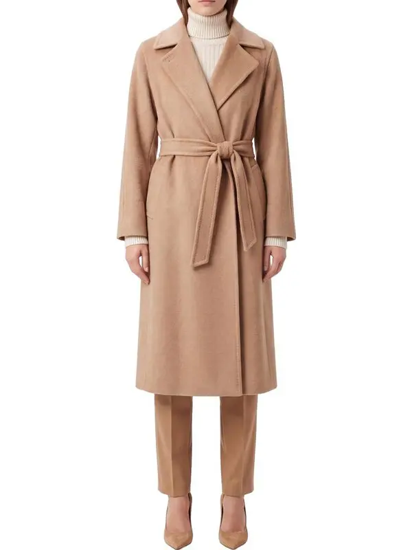 Max Mara Knee-length Wool Robe Coat With Belt - Camel