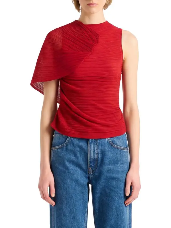 Balmain Sleeveless Ruched Viscose Slim Fit Top - Red