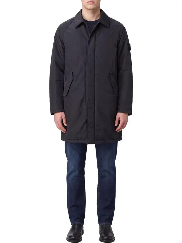 Stone Island Single-breasted Knee-length Trench Coat In Nylon With Logo Patch - Black