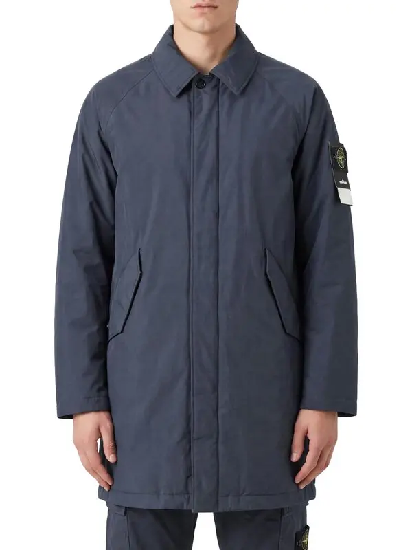 Stone Island Single-breasted Knee-length Trench Coat In Nylon With Logo Patch - Navy