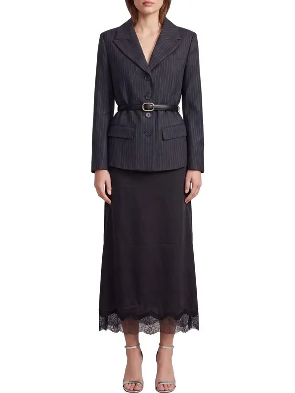 SELF-PORTRAIT Pinstripe Midi Blazer Dress With Peak Lapels And Lace Inserts - Grey