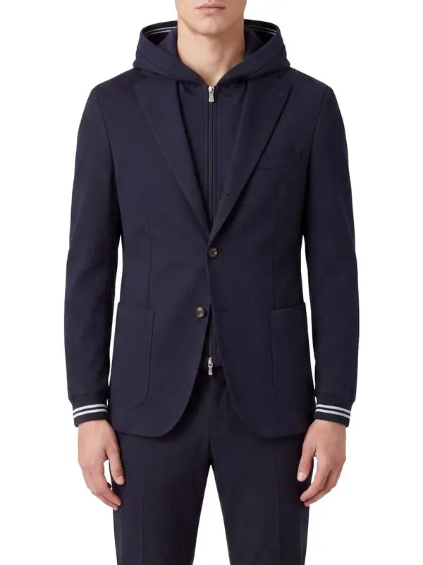Eleventy Single-breasted Cotton Blazer With Hood And Contrast Piping - Blue
