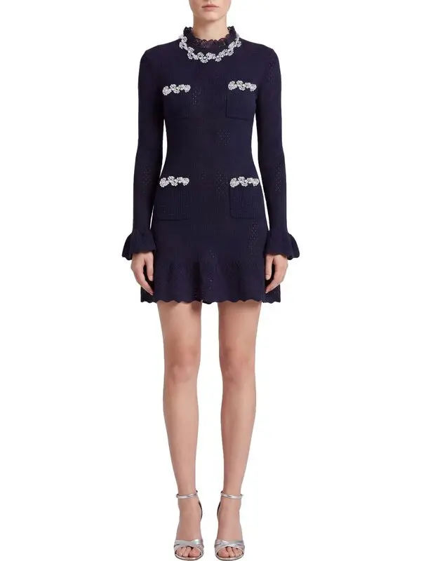 SELF-PORTRAIT Off-shoulder Pointelle-knit Mini Sheath Dress With Jewel Buttons - Navy